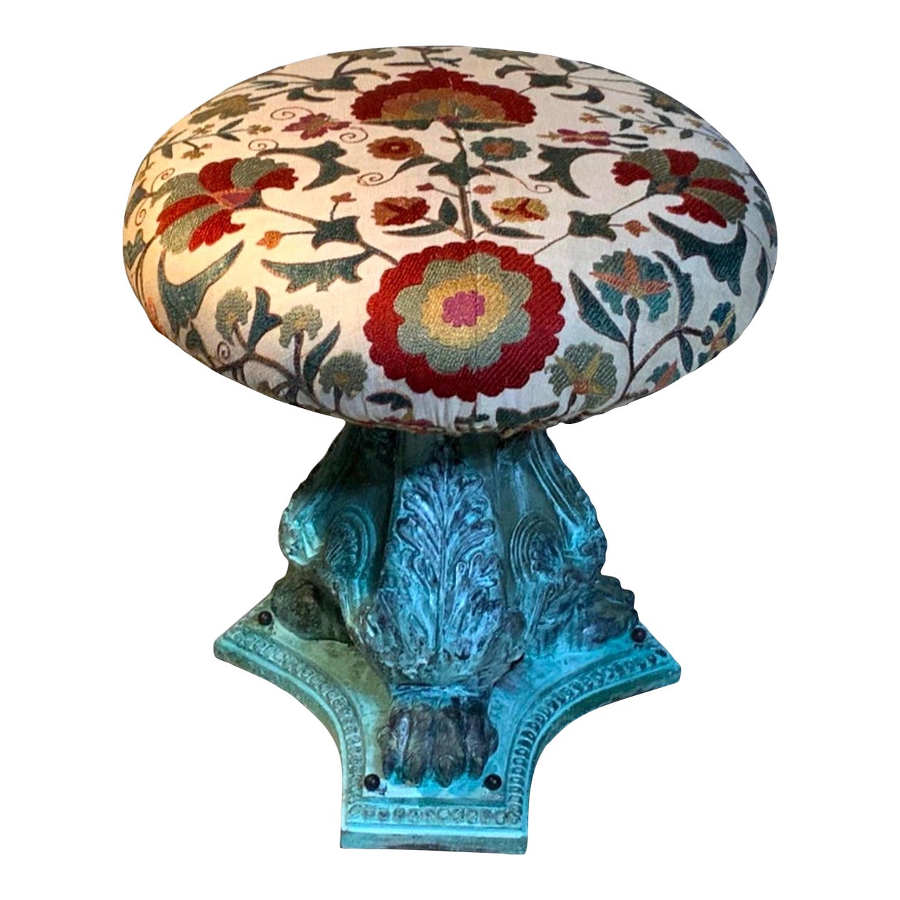Vintage Patina Bronze Stool With Suzani Upholstered Seat | Chairish