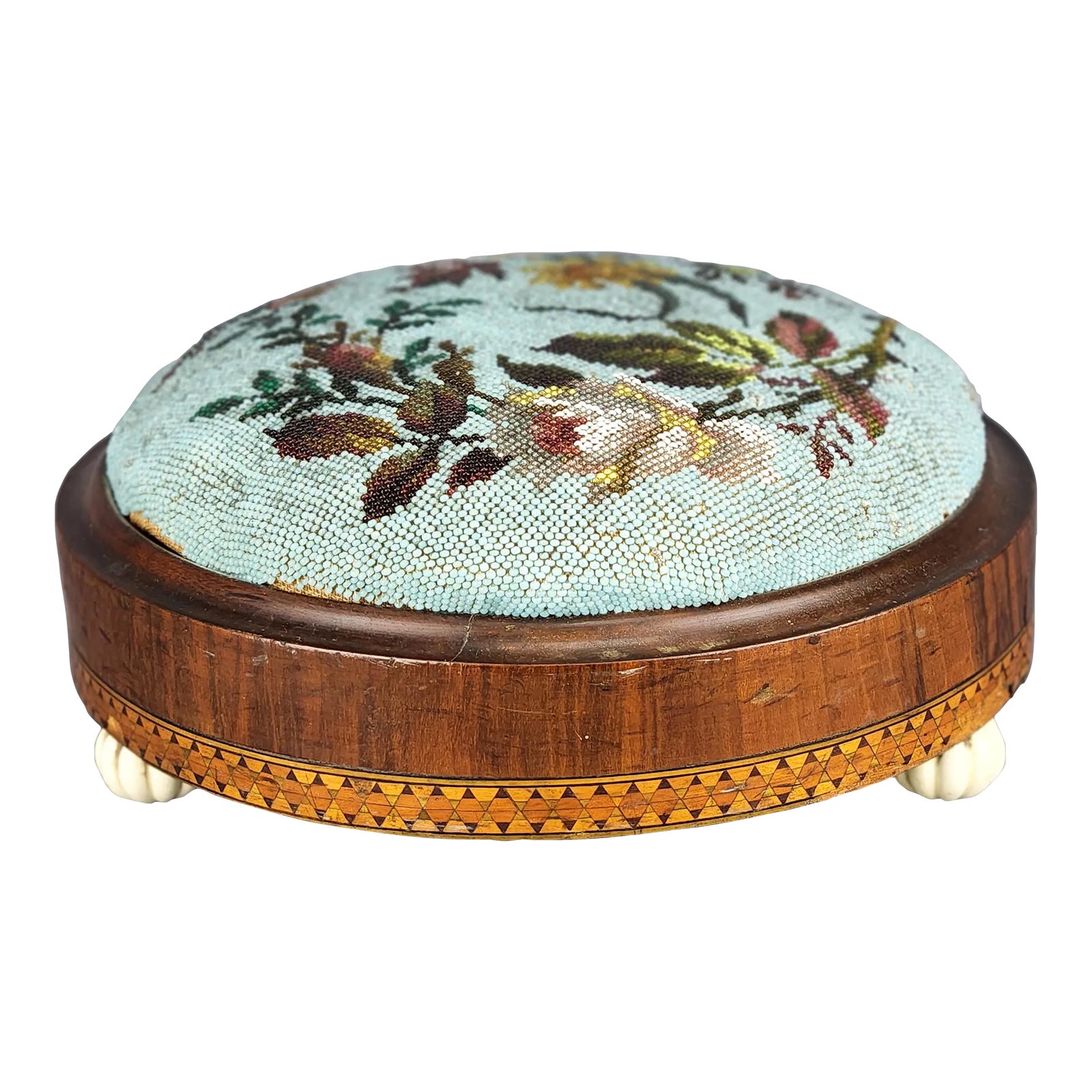 1800's Antique Victorian English Beaded Tuffet Foot Stool With ...