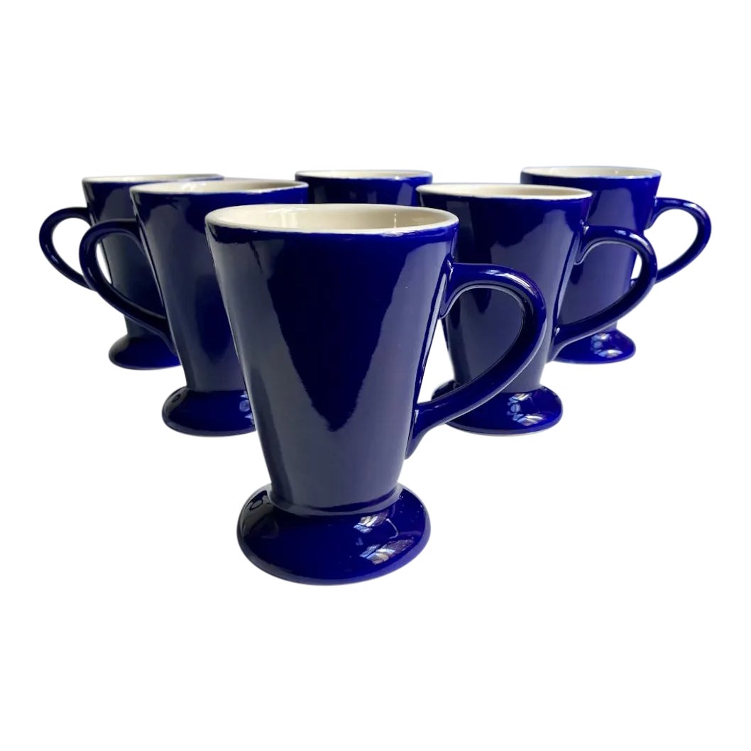 Mid 20th Century Royal Blue Handled Ceramic Mugs - Set of 6 | Chairish