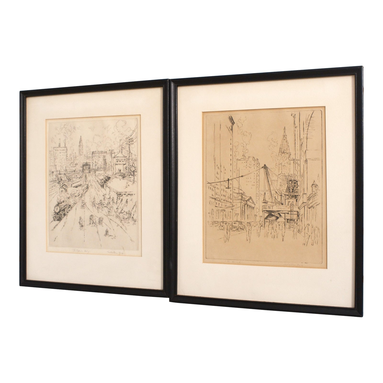 Pair Salvatore Pinto Framed Matted & Signed City Etchings | Chairish