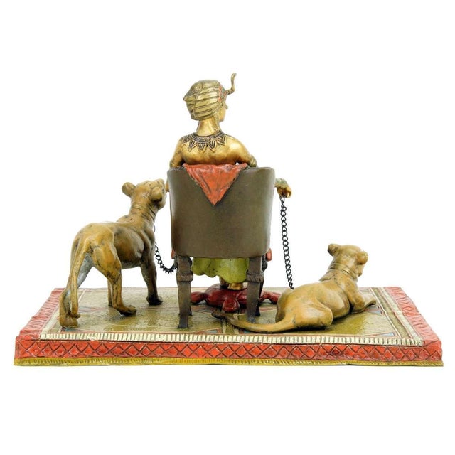 Orientalist Polychrome Bronze Pharaoh Sculpture with Lionesses | Chairish