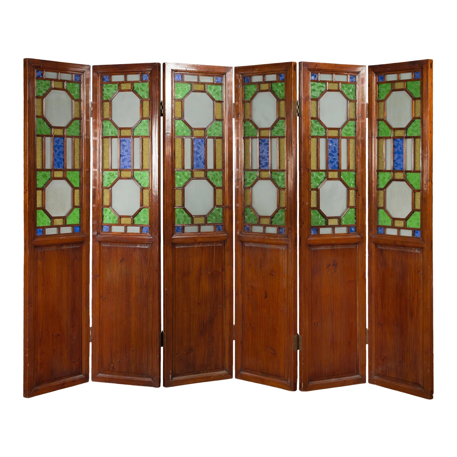 Antique Chinese Stained Glass Geometric Motif 6-Panel Folding Screen ...