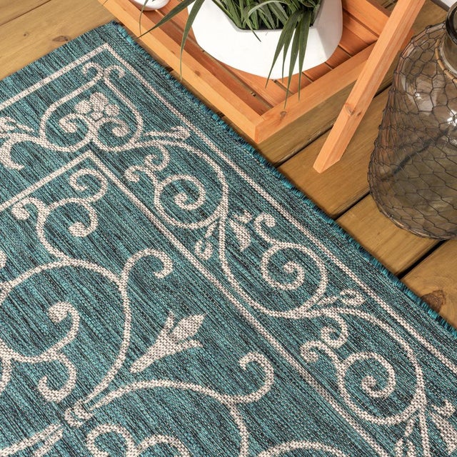 Contemporary Filigree Textured Weave Indoor & Outdoor Teal & Gray 3 ft ...