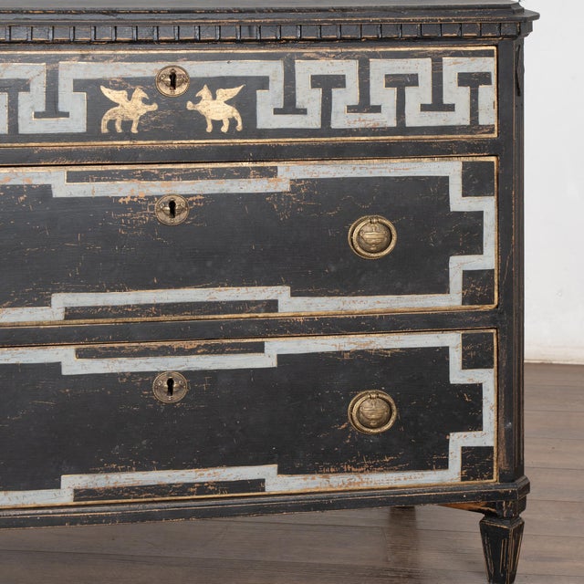 19th Century Swedish Black Painted Chest of Three Drawers With Greek ...