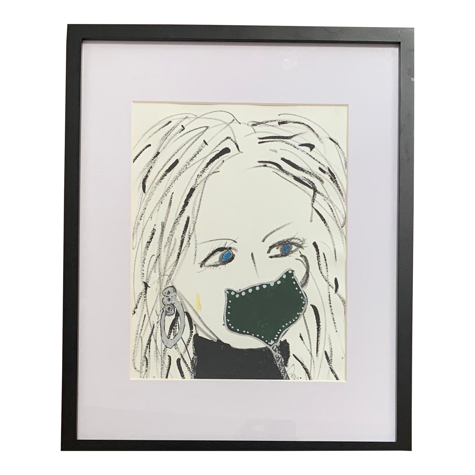 'Blue Eyes' Ink & Acrylic on Paper Framed Drawing by Devie | Chairish