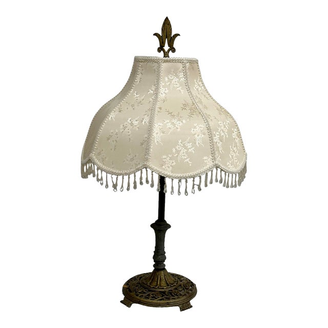 Victorian Bronze Double Light Table Lamp With Scalloped Dome Fringed ...