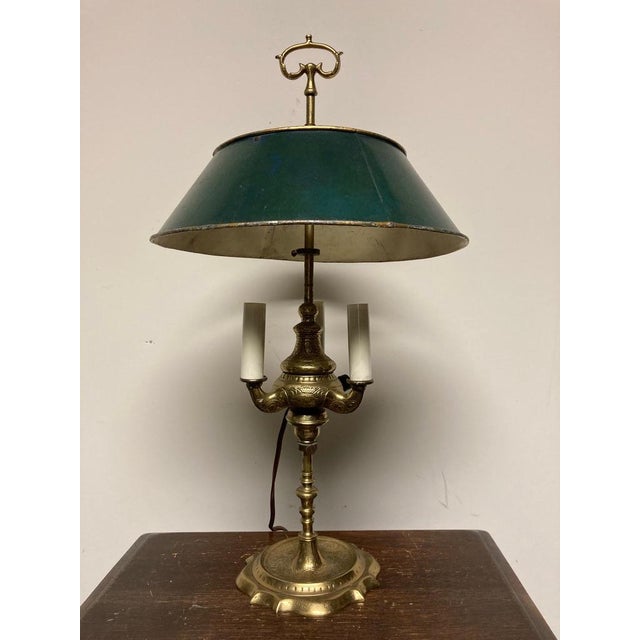 19th Century French Bouillotte Lamp with Green Tole Shade | Chairish