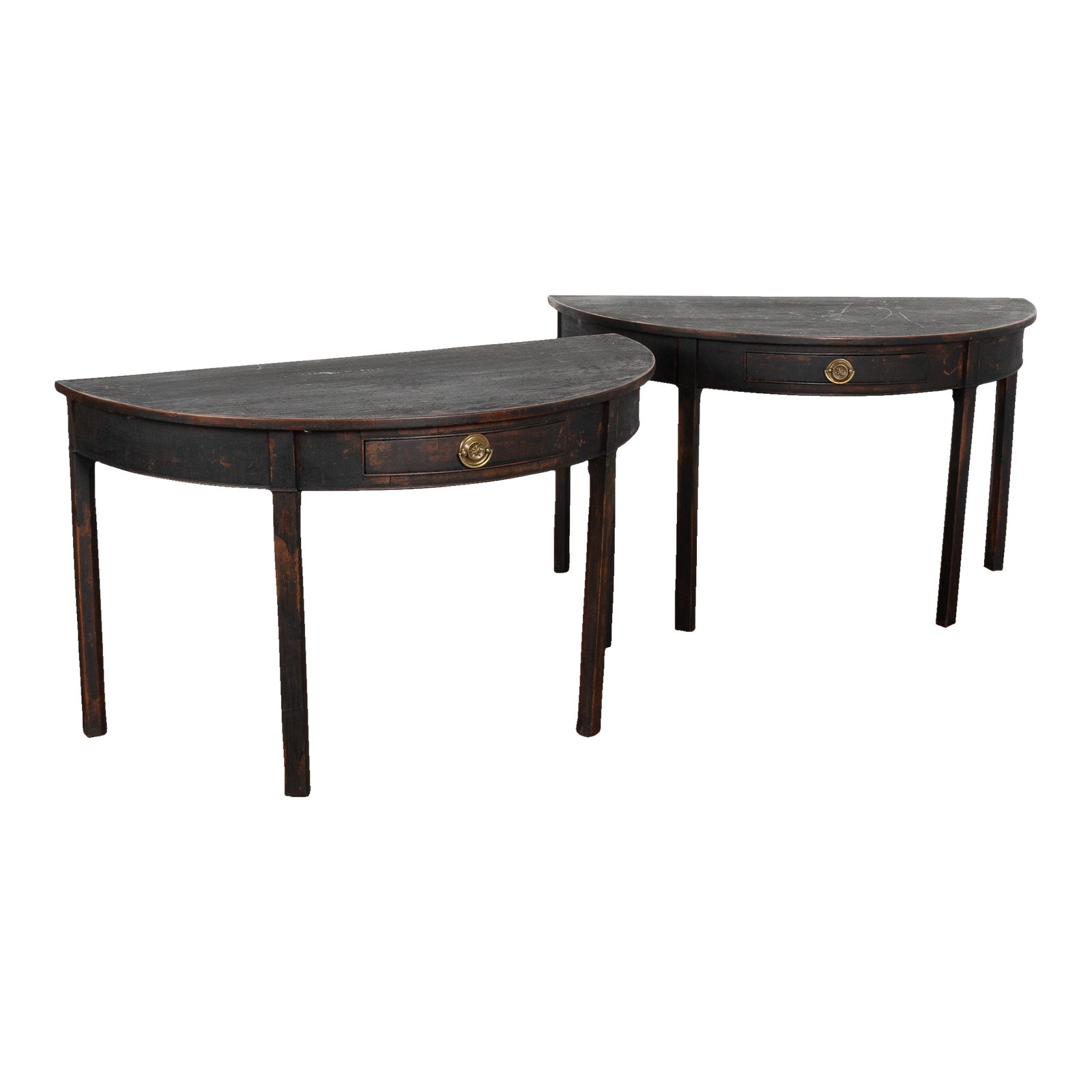 Pair, Large Black Demi Lune Console Side Tables With Drawers, Sweden ...