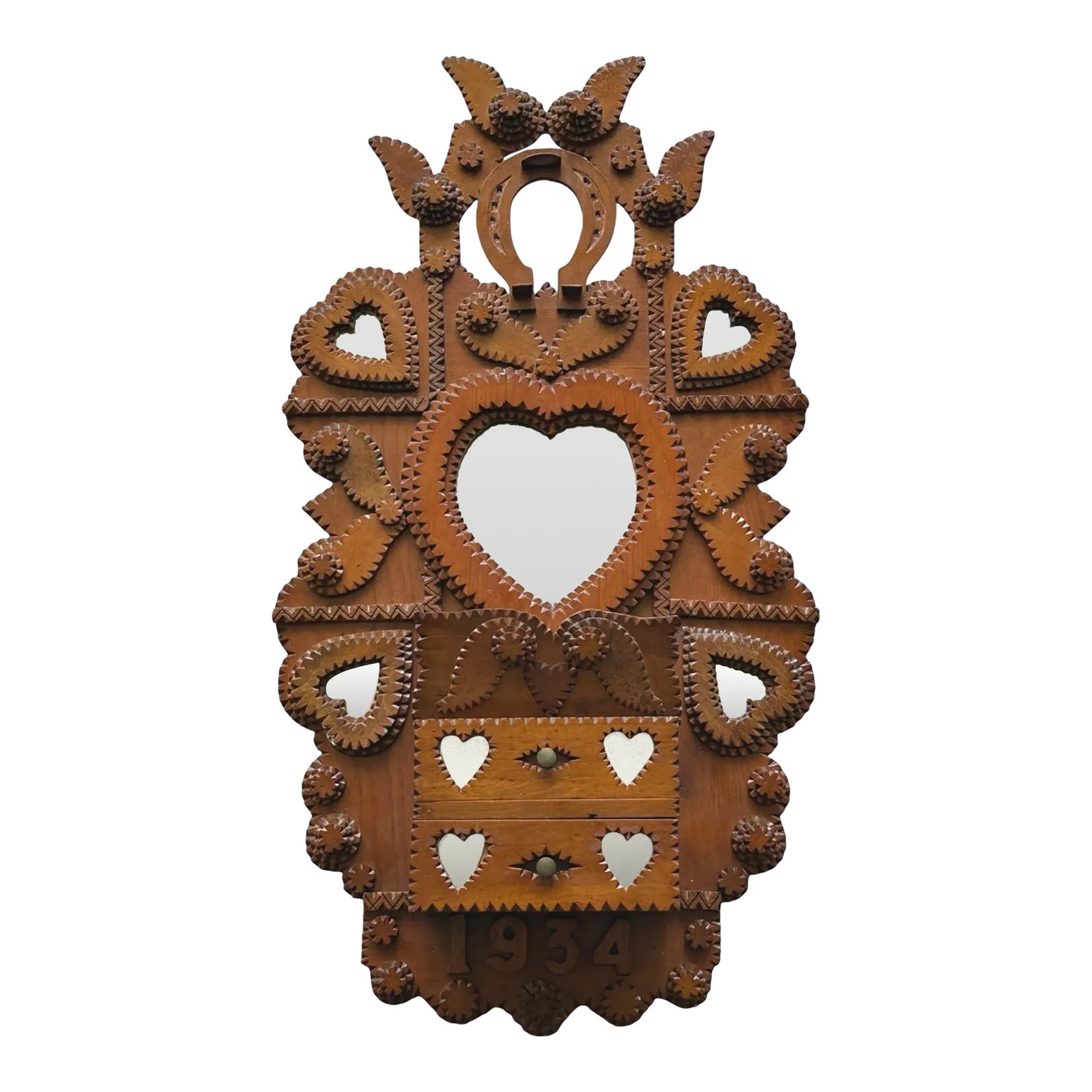 Antique Hand Carved Tramp Art Heart and Winged Motif Wall Pocket (Attr ...