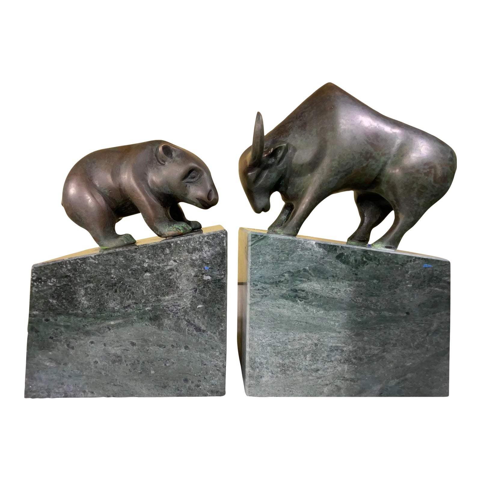 Pair of Bear and Bull Bronze Bookends on Green Marble Blocks | Chairish