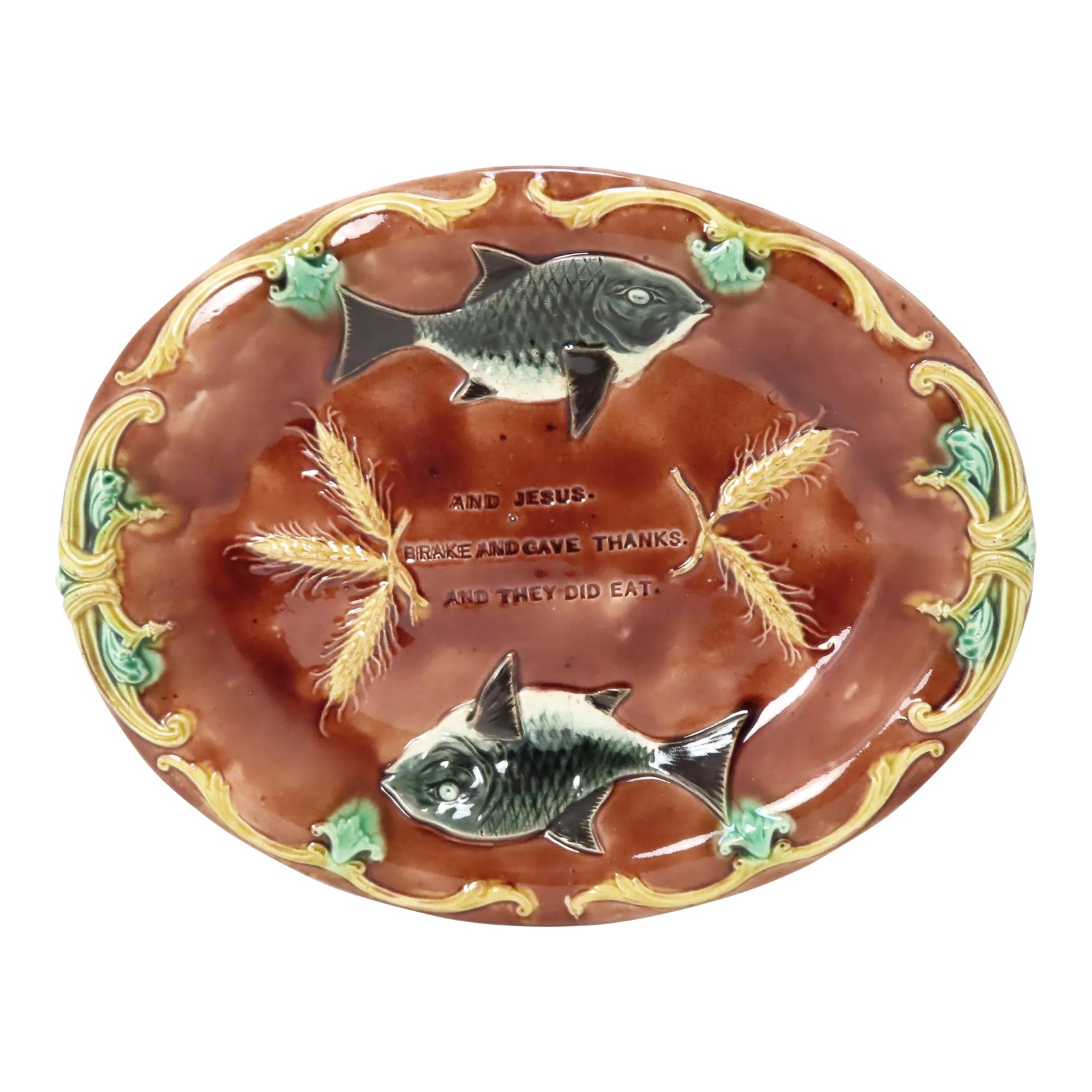 Antique Victorian Majolica Bread Serving Tray With Unusual Fish & Wheat ...