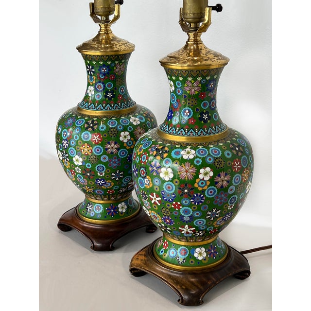 Pair of Mid-Century Chinese Cloisonne Urn Table Lamps on Wood Bases ...