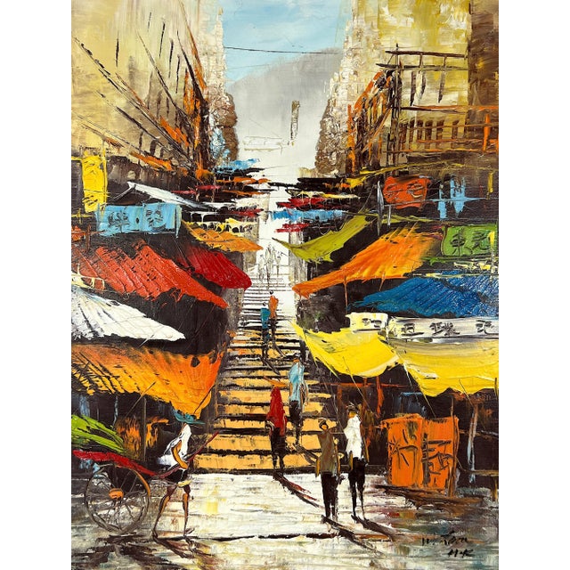 Mid 20th Century "Ladder Street Hong Kong" Impasto Painting by W. Lam ...