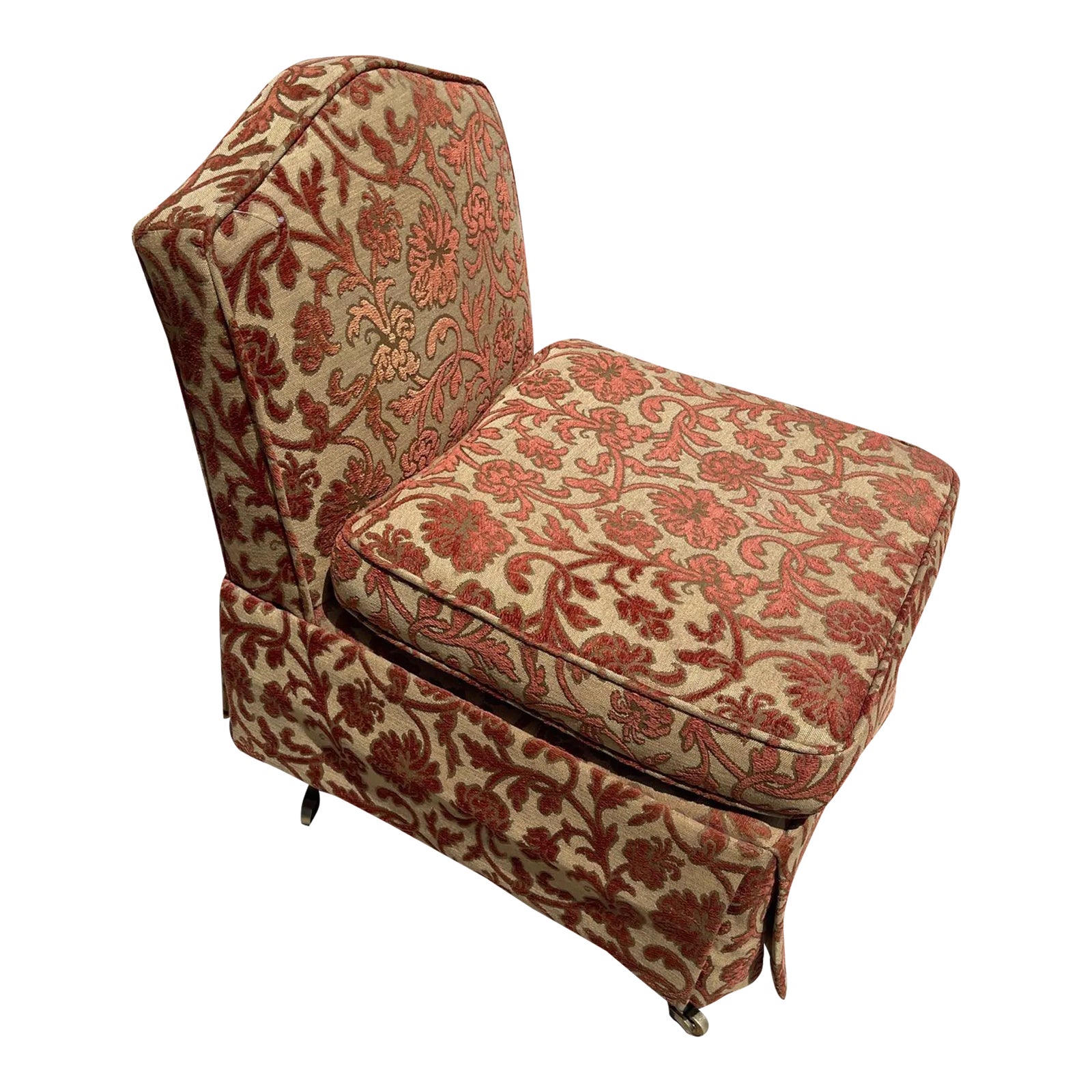 Vintage Floral Print Skirted Slipper Chair on Casters | Chairish