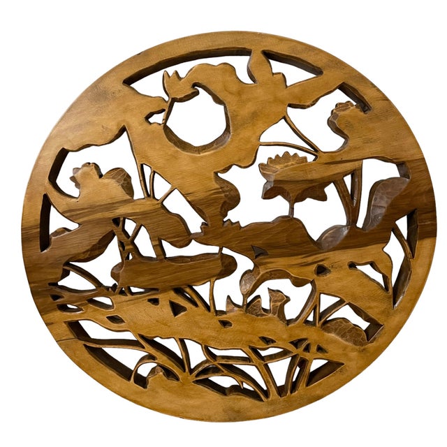Lotus and Bird Hand-Carved Suar Wood Circular Relief Panel | Chairish