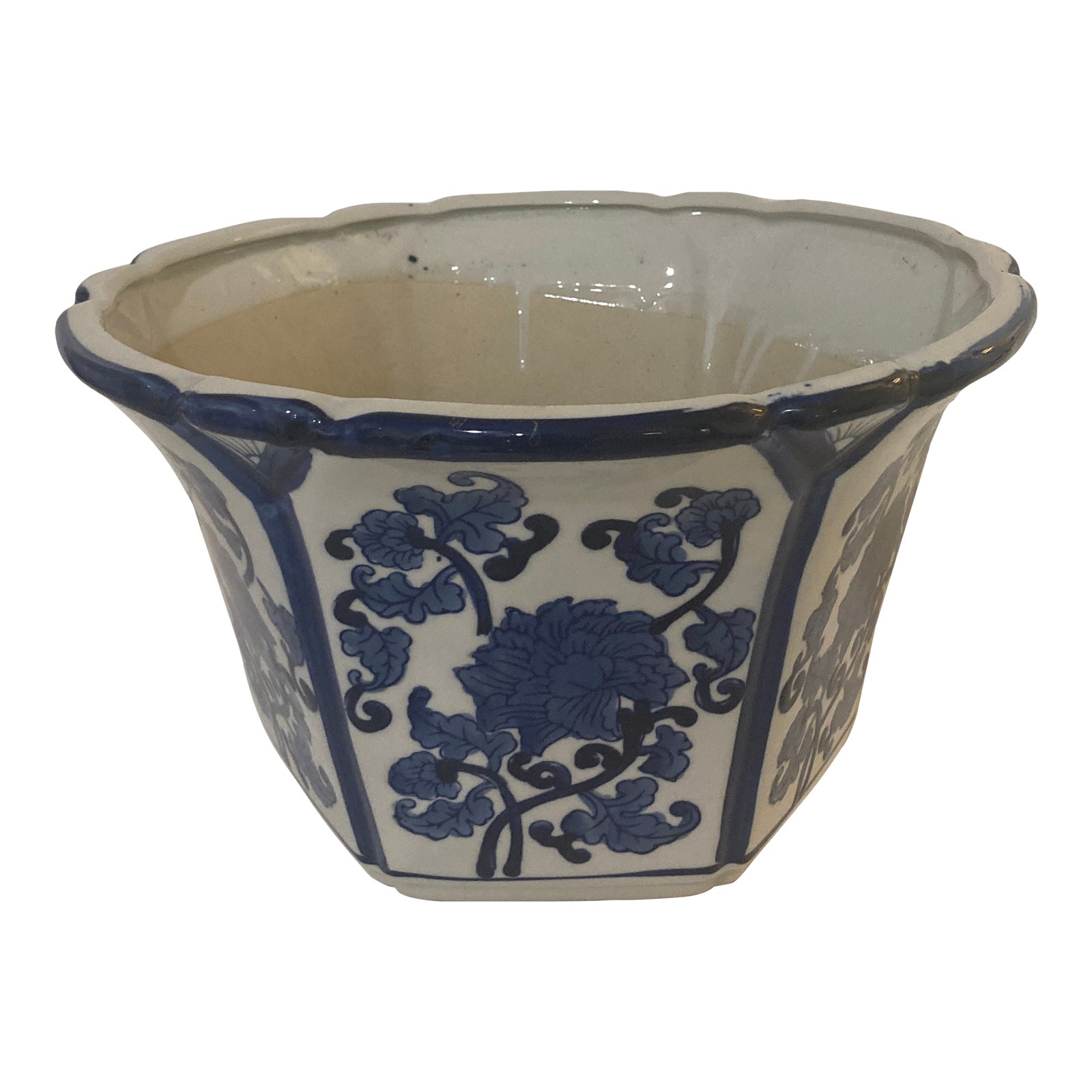 Blue and White Porcelain Cache Pot | Chairish