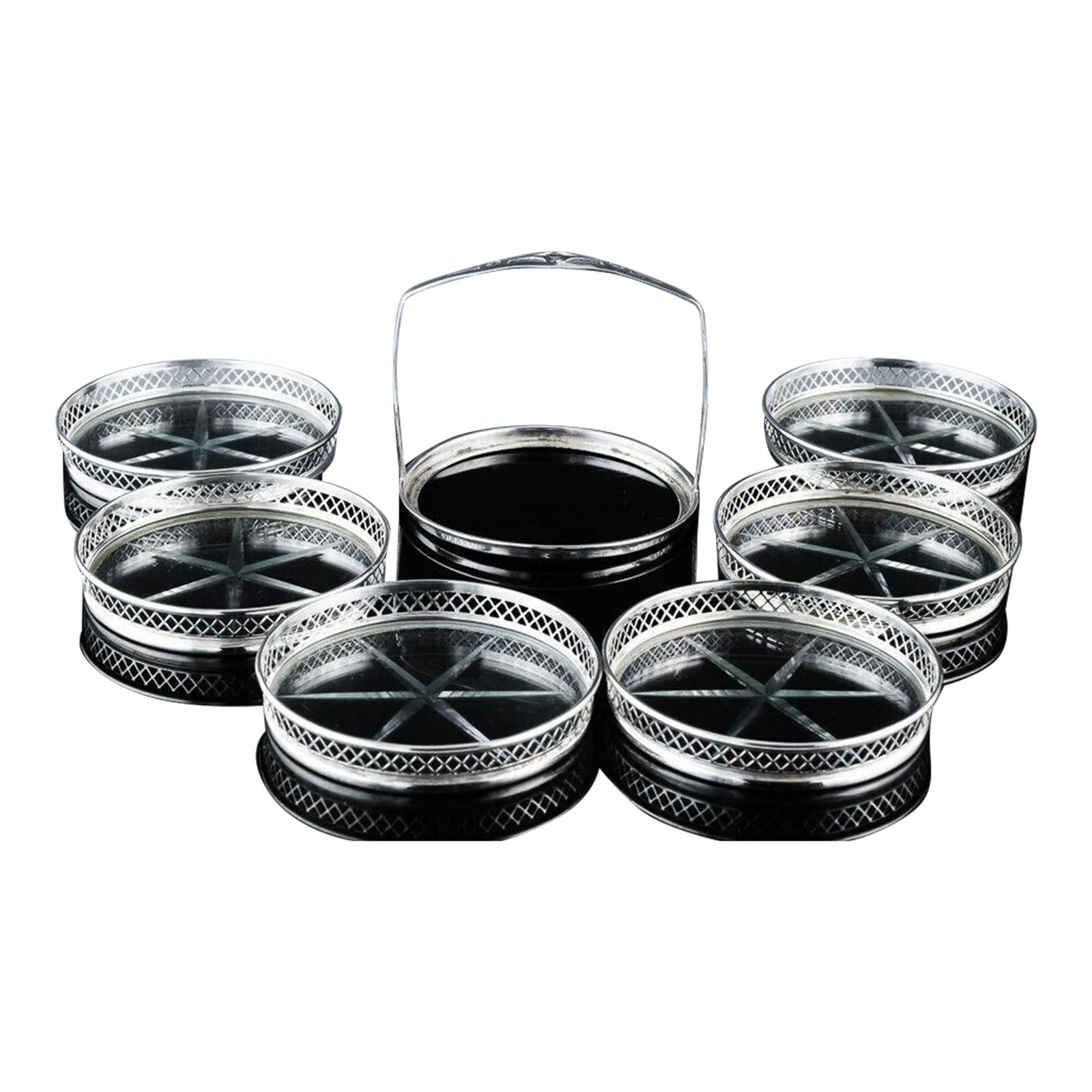 Art Deco Sterling Silver and Cut Glass Coaster Set | Chairish