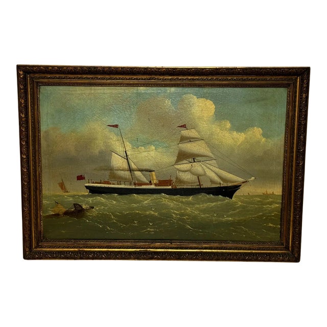 Large Antique Victorian Seascape Oil Painting Steamer Ship Ss Miranda ...