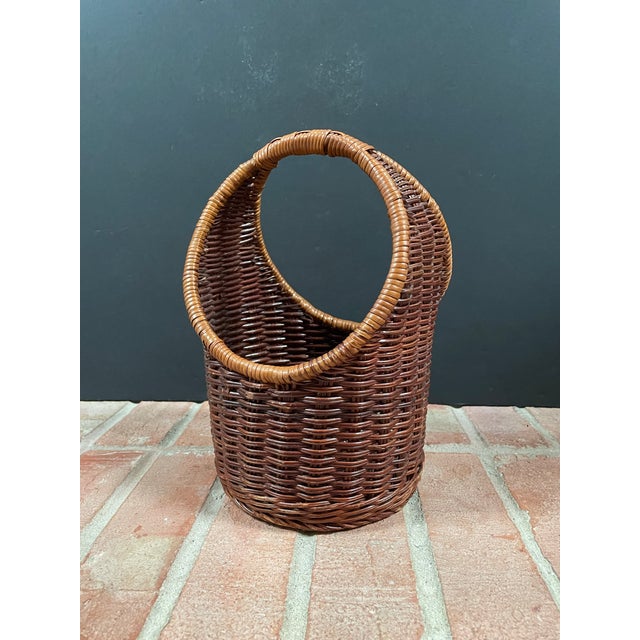 Vintage Boho Woven Brown Rattan & Wicker Basket With Handle | Chairish
