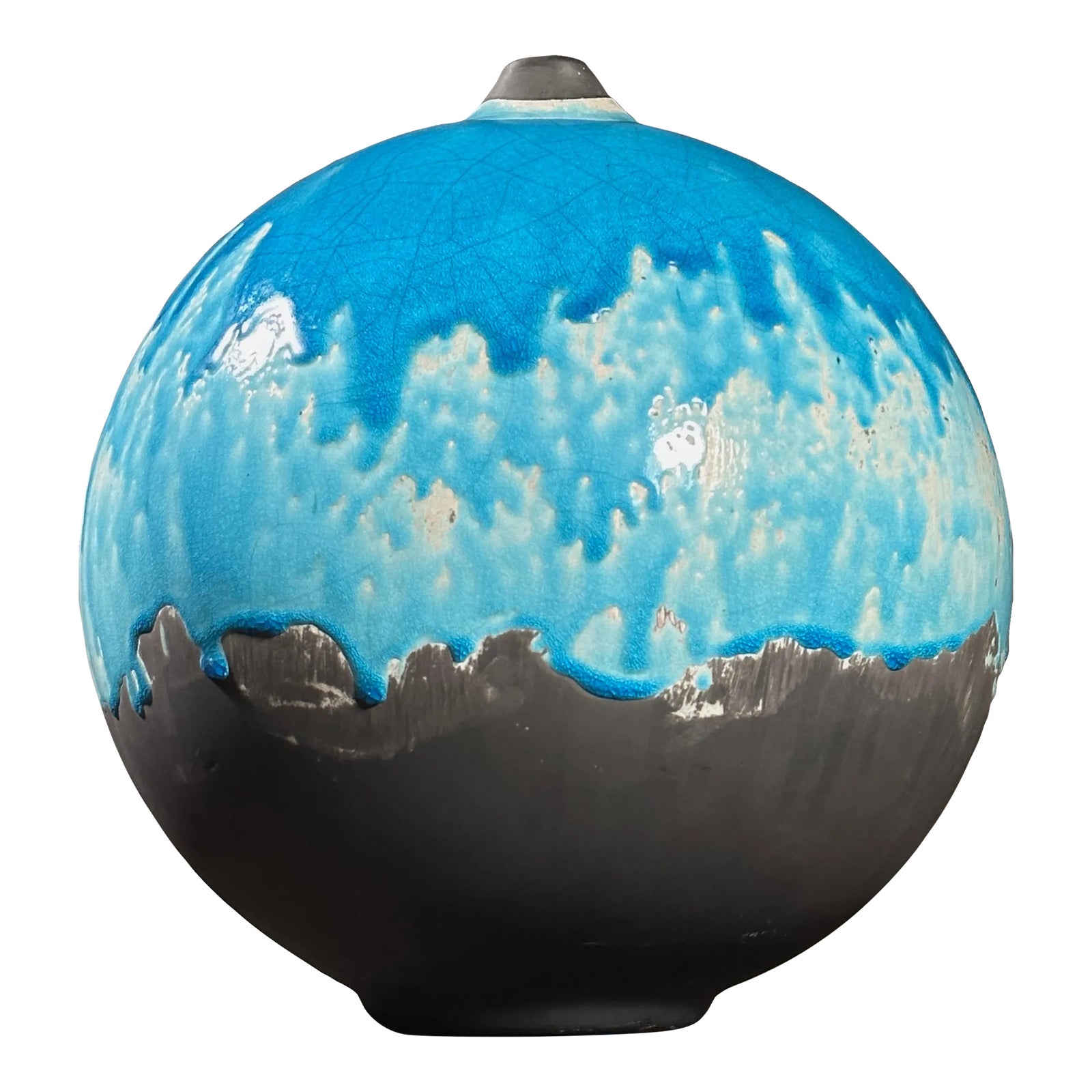 Vintage Raku Fired Postmodern Black Stoneware Seed Pot With Three Tone ...