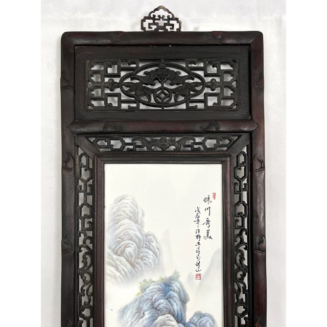 Chinese Carved Blackwood Wall Panel With Hand Painted Mountain ...