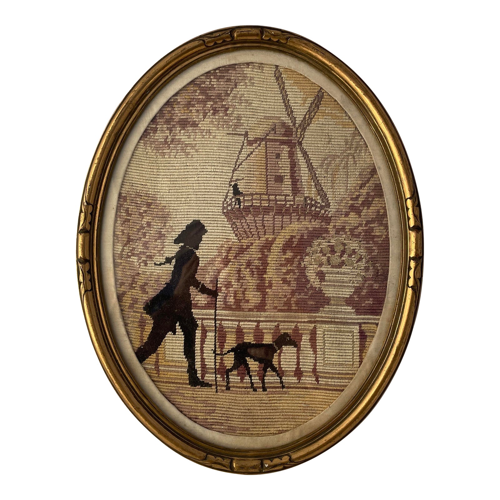 Antique Silhouette Needlepoint of a Dutchman and His Dog, Framed | Chairish