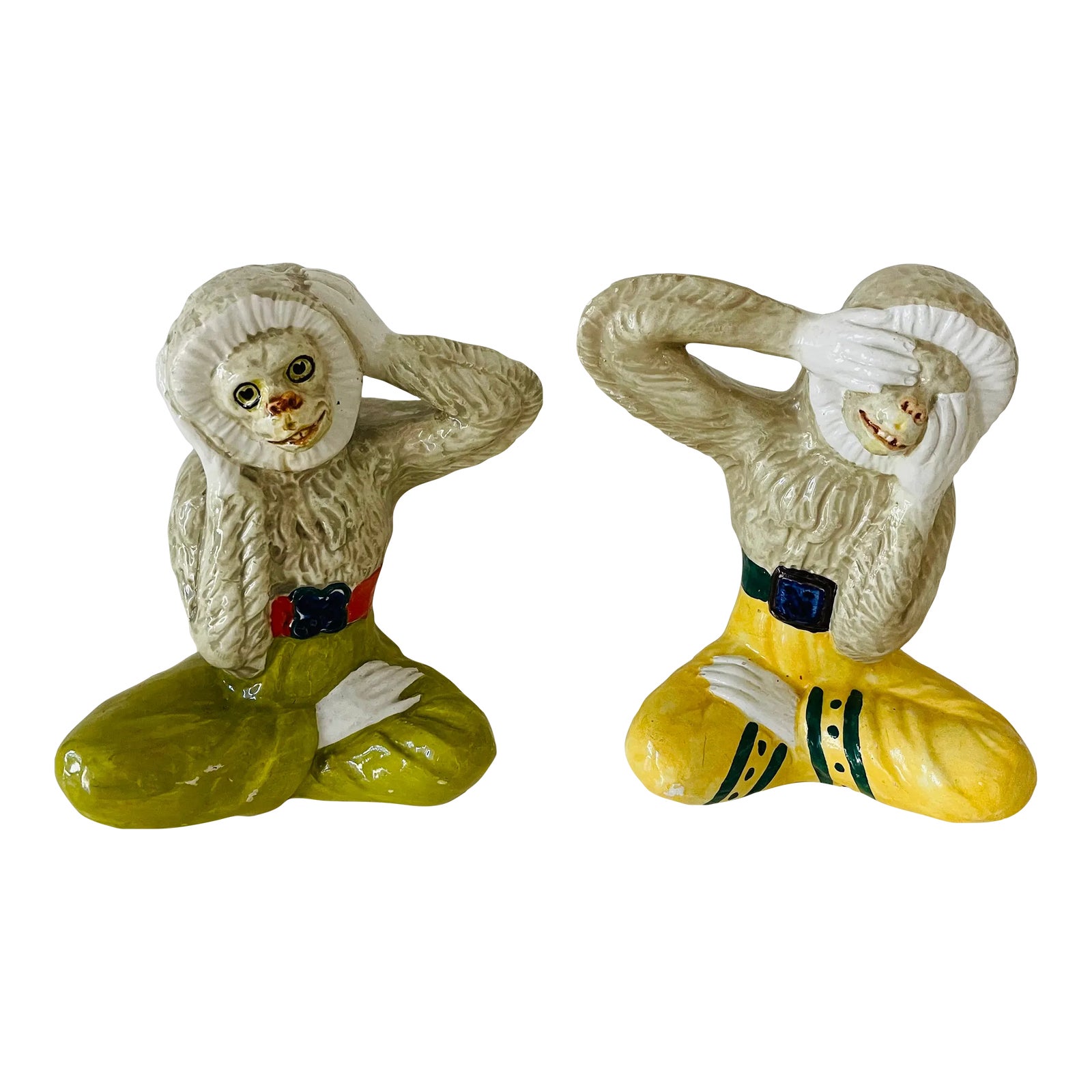 Boho Chic Pair of Vintage Majolica Style Monkeys | Chairish