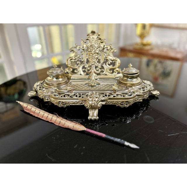 Late 1800s Antique French Brass Double Inkwell With Feather Quill ...