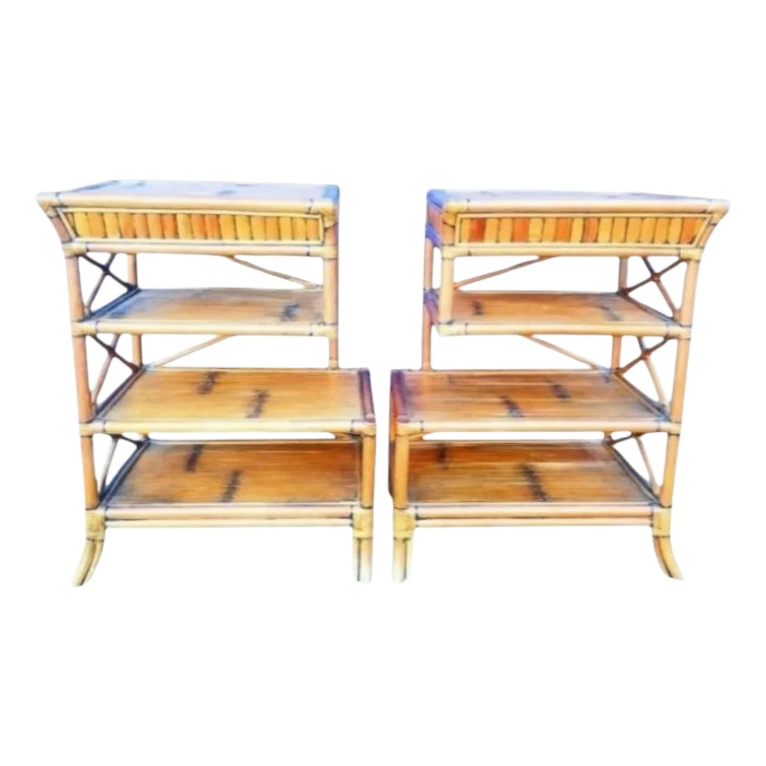 Vintage Rattan Bamboo Unique Tiered Extra Tall Side End Tables- A Pair ...
