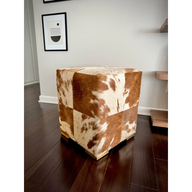 Brown and White Natural Cow Print Essex Stool Hair on Hide Leather by ...
