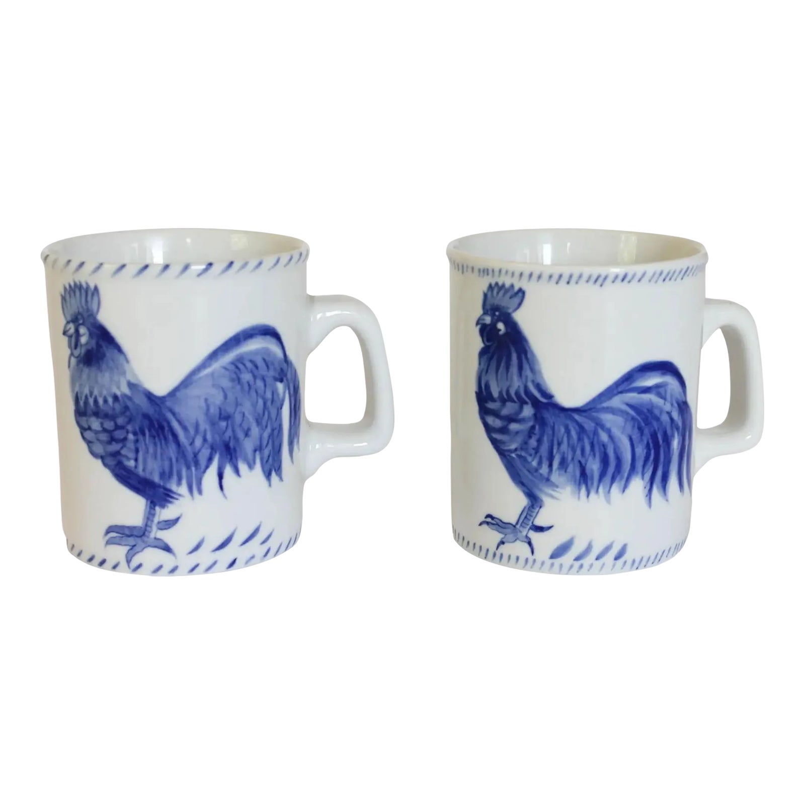 Vintage Pair of Blue & White Rooster Coffee Mugs | Chairish