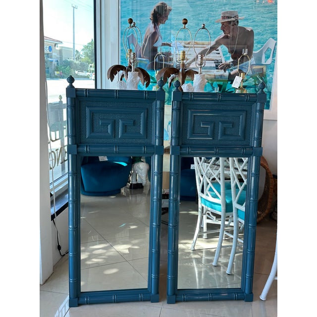 Vintage Pair of Wood Faux Bamboo Greek Key Blue Lacquered Wall Mirrors ...