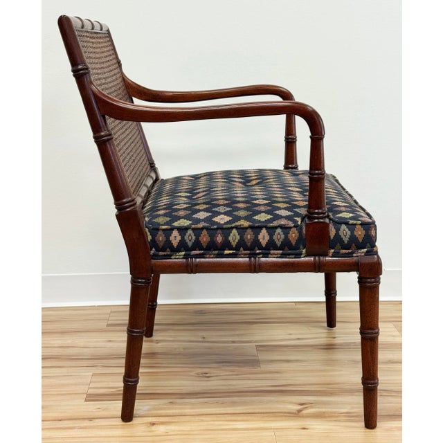 Vintage Faux Bamboo Cane Back Arm Chair W/ Upholstered Seat | Chairish