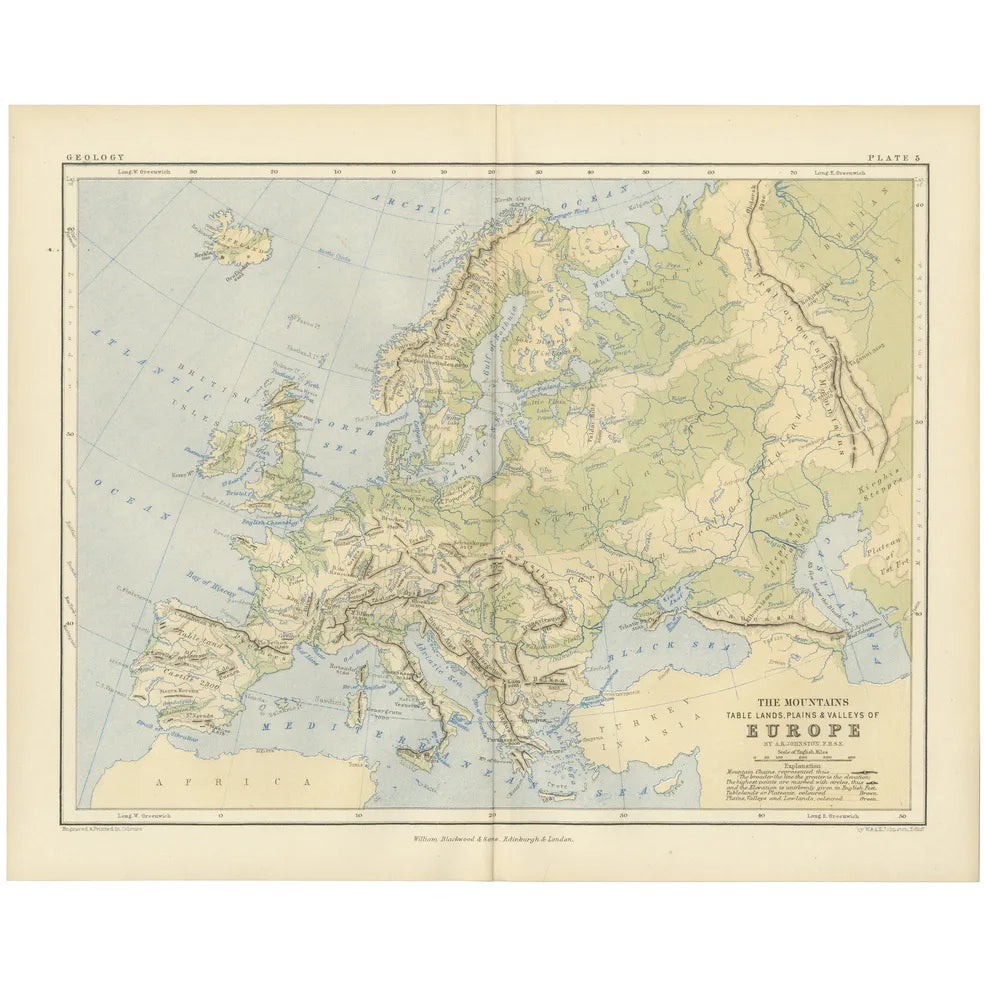 Geological Map of Europe by A.K. Johnston, 1852 | Chairish