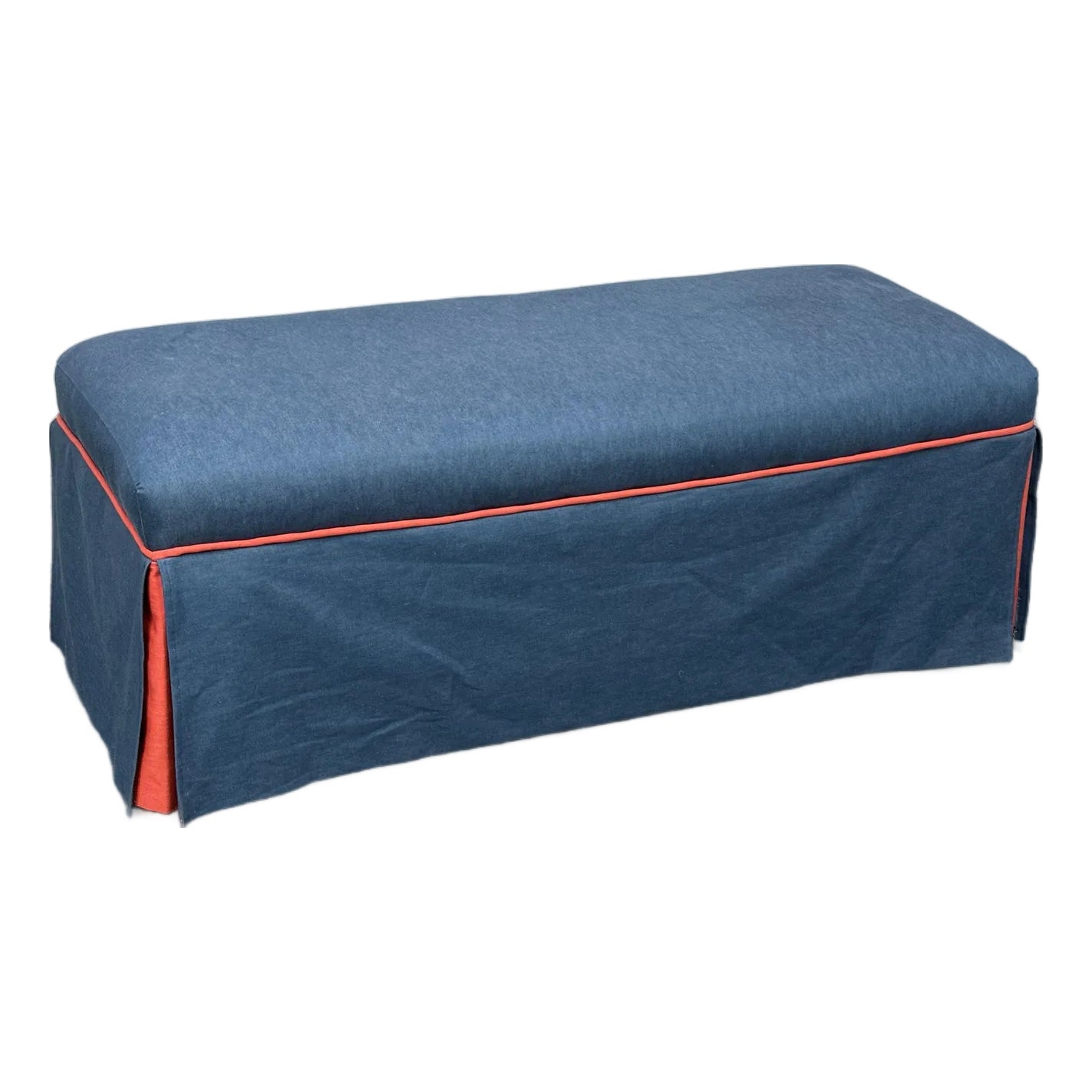 Custom Blue + Fire Orange Trim Skirted Bench | Chairish