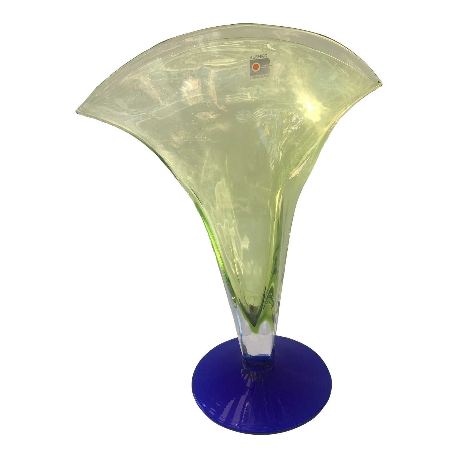 Unique Blenko Glass Co Art Deco Fan Green & Colbalt Blue Vase | Chairish