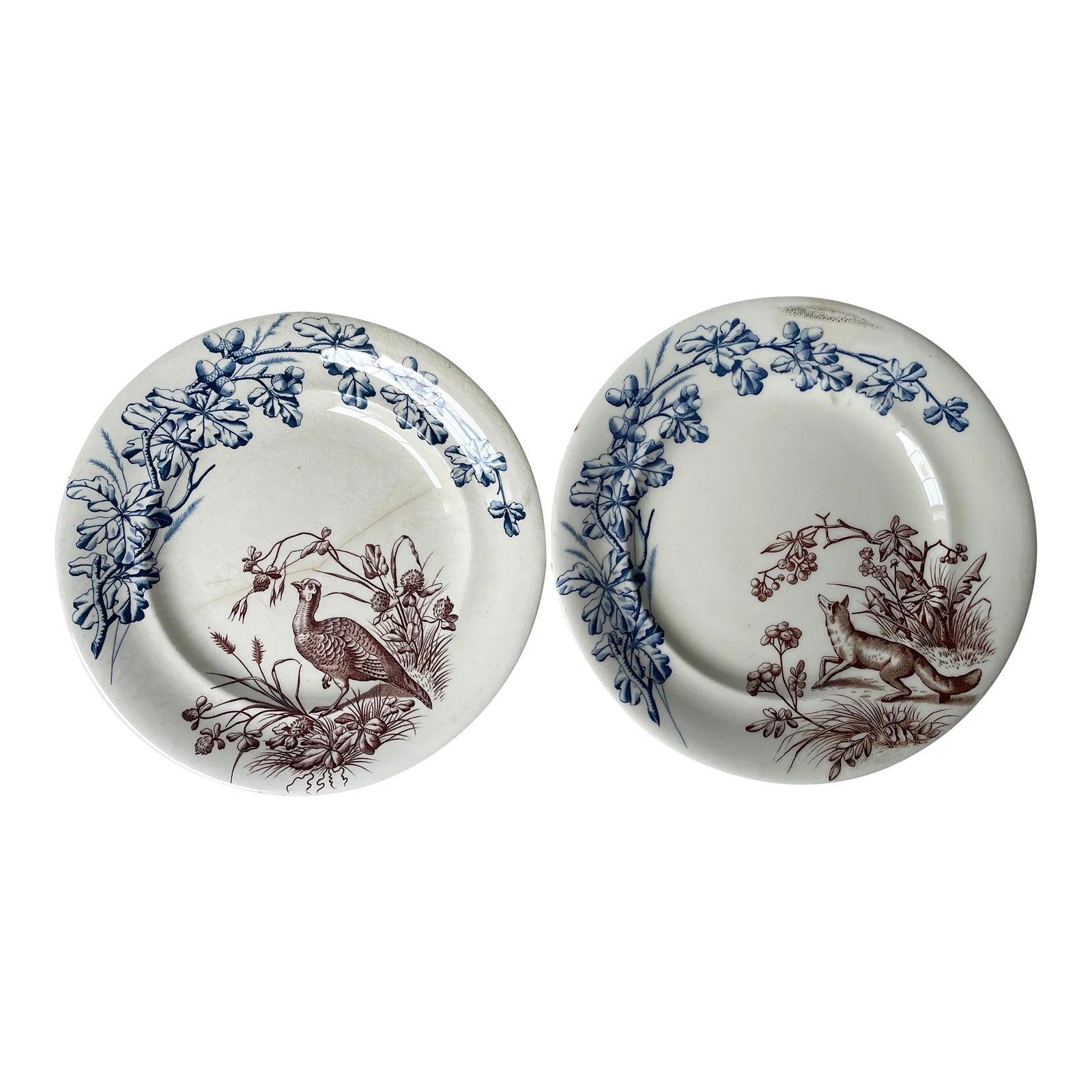 Pair of French Terre De Fer Plates by Jules Vieillard With Chasse ...
