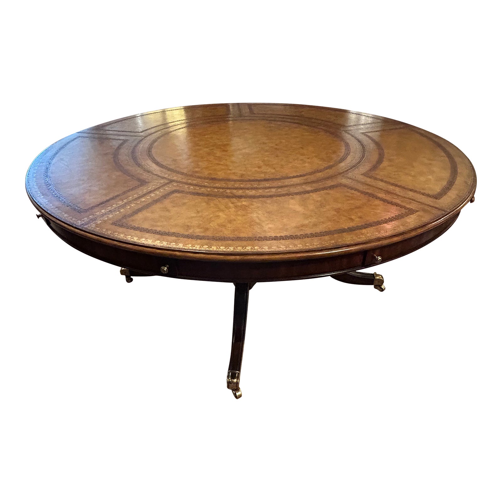 Maitland Smith Round Tooled Leather & Mahogany Extension Dining Center ...