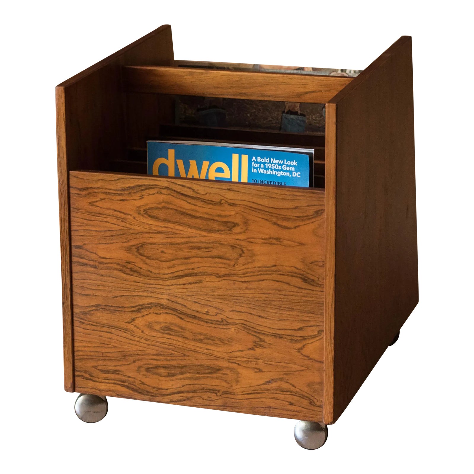 Vintage Rosewood Rolling Record Magazine Rack by Rolf Hesland for ...