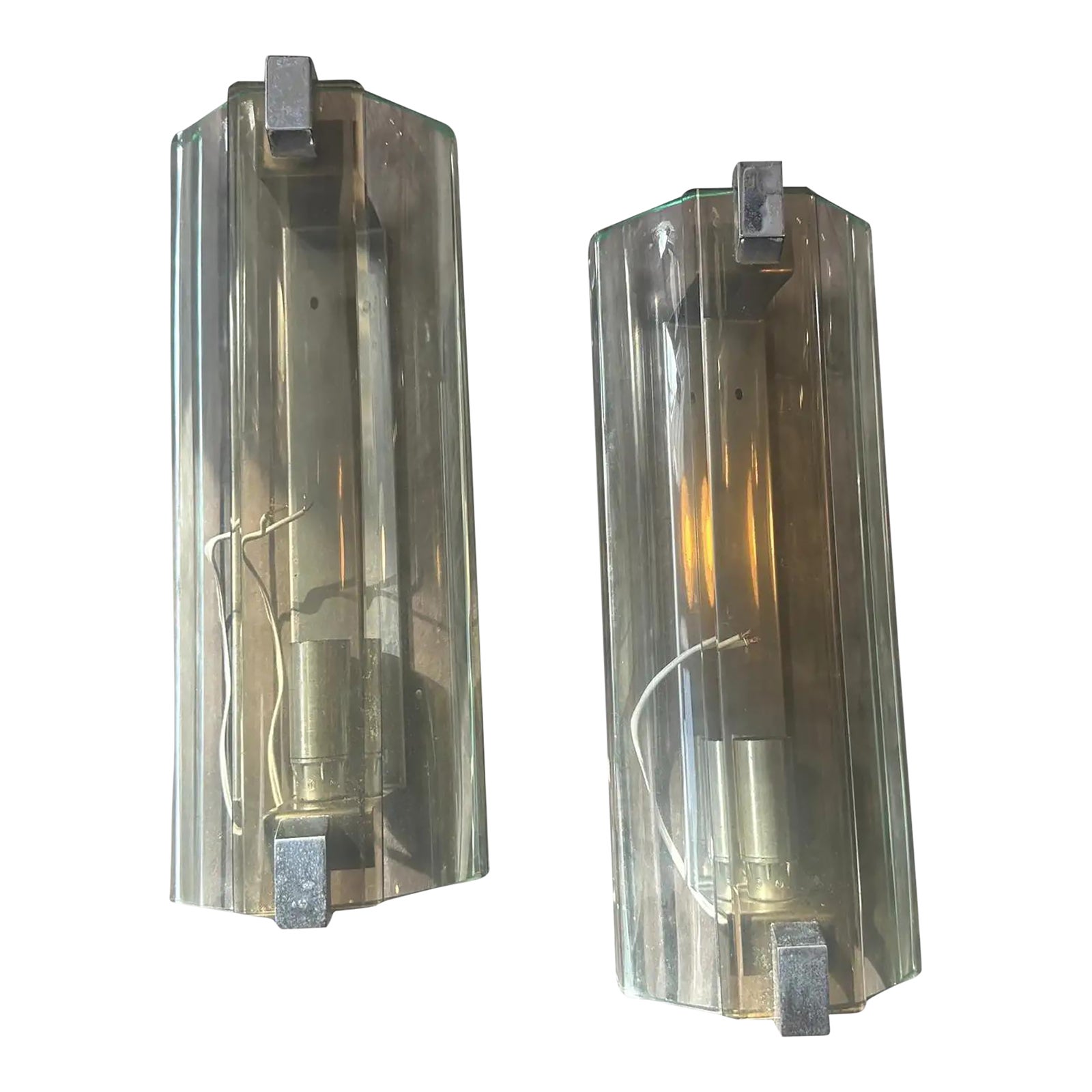 1960s Space Age Heavy Curved Glass and Steel Wall Sconces by Veca - a ...