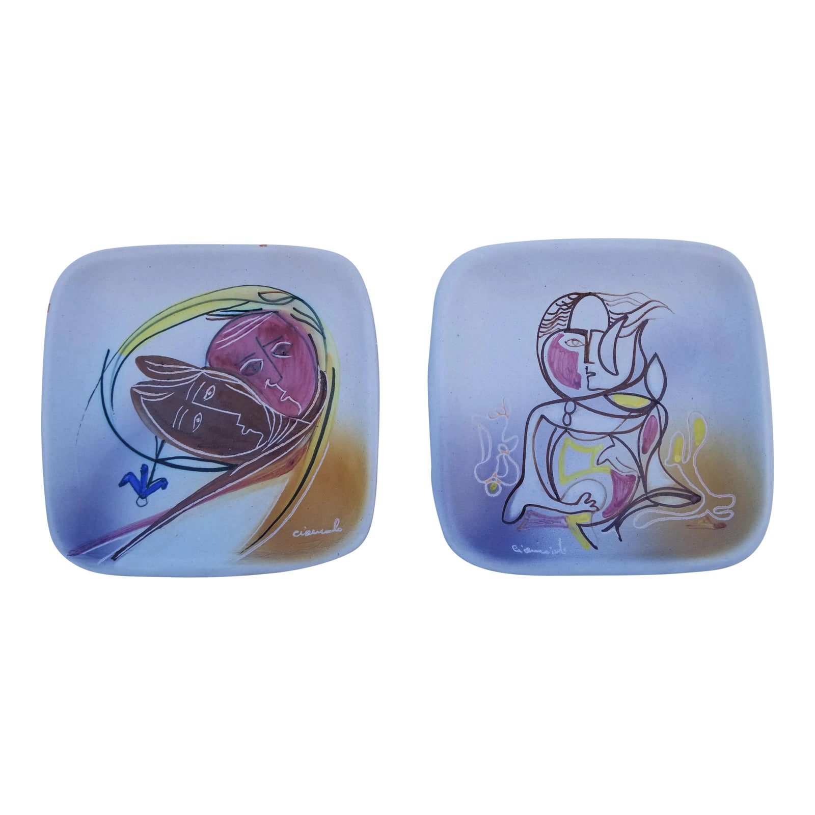 Vintage Abstract Hand- Painted Decorative Wall Hanging Plates - a Pair ...