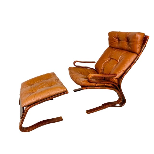 Vintage Scandinavian Cognac Lounge Chair and Foot Stool by Oddvin ...
