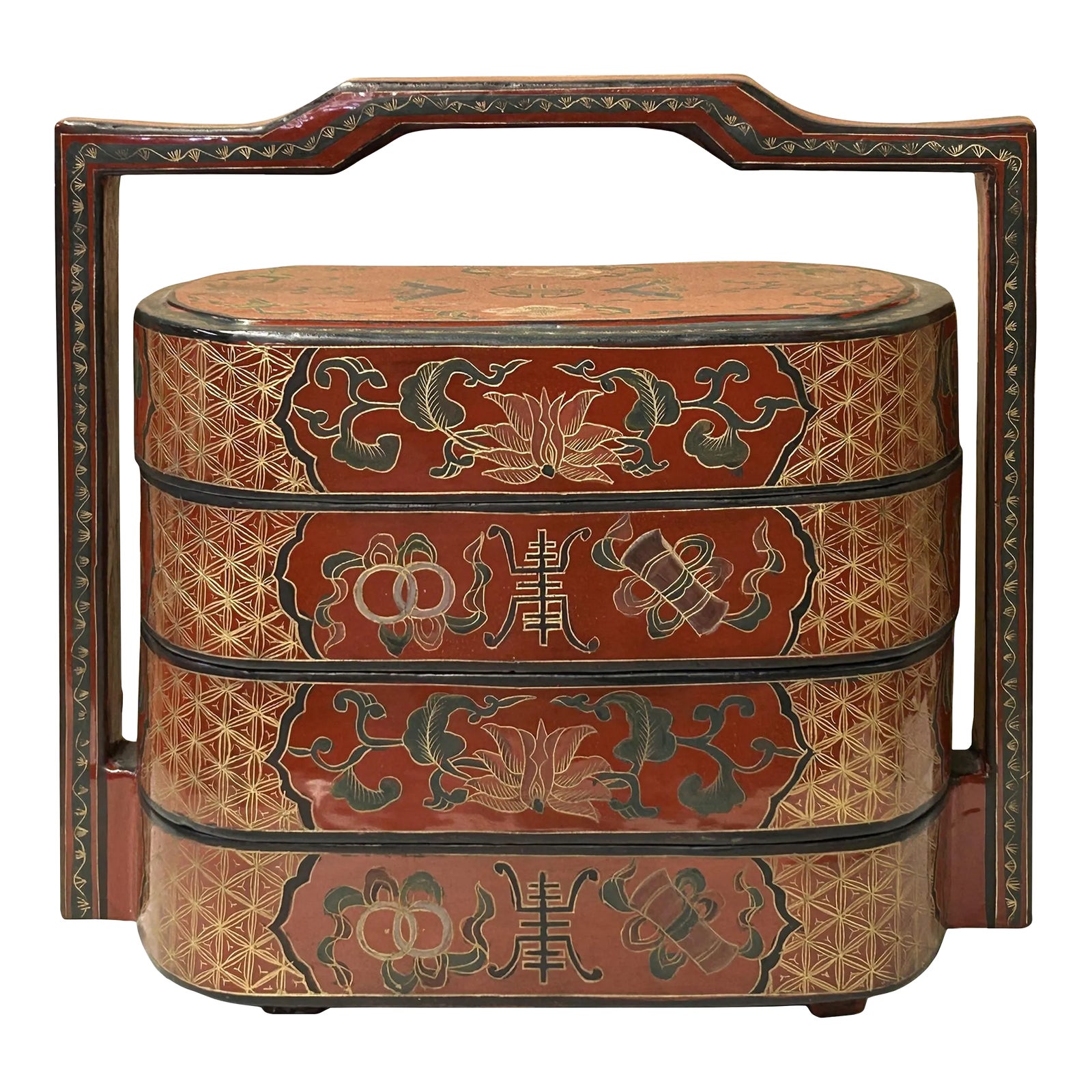 Chinese Brick Red Lacquer Color Treasure Graphic Stack Box Basket ...