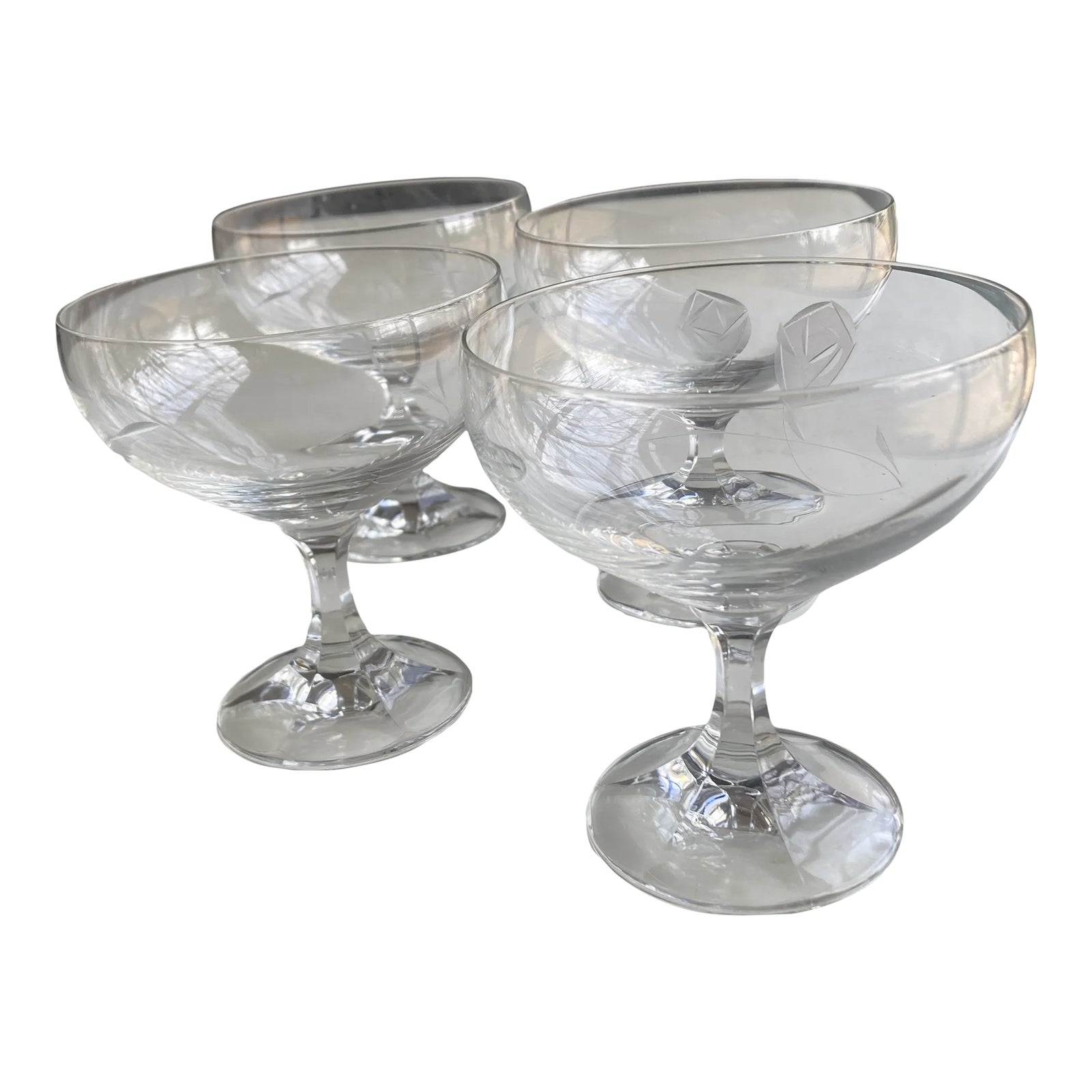 Vintage Clear Rose Etched Champagne / Sherbet Glasses- Set of 4 | Chairish