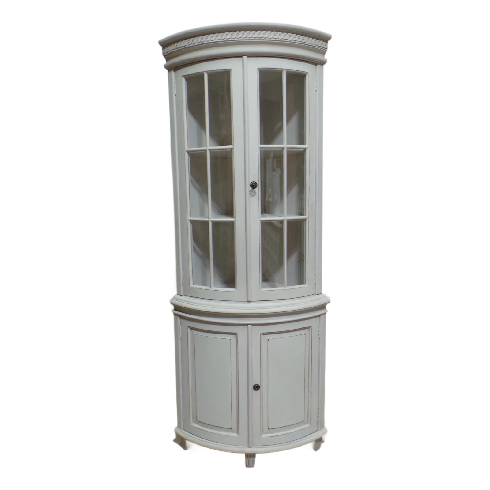 Swedi9sh Gustavian Style Barrel Front Glass Top Corner Cabinet | Chairish