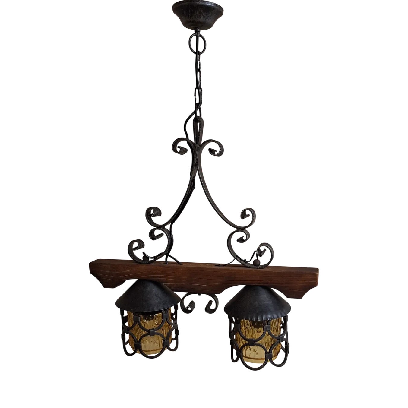 Vintage German Hanging Lamp in Wrought Iron and Stained Birch, 1970s ...