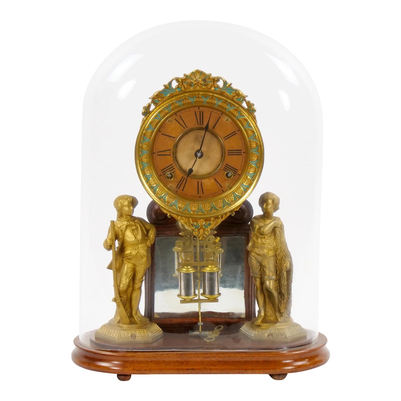 Glass Dome Bronze / Porcelain Face Ansonian Crystal Palace Mantel Clock ...
