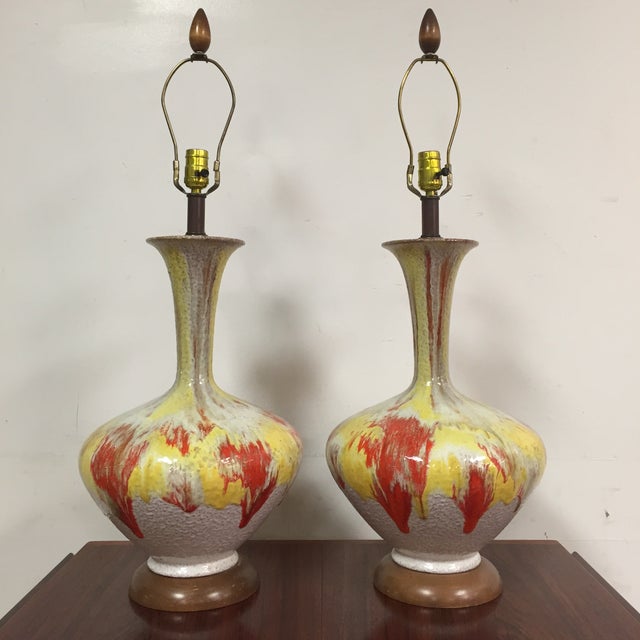 Mid-Century Yellow & Red Table Lamps - A Pair | Chairish