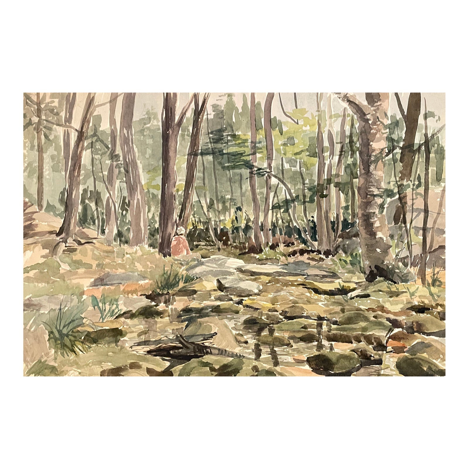 1950s Elizabeth Slater Figure in Forest Landscape Painting | Chairish