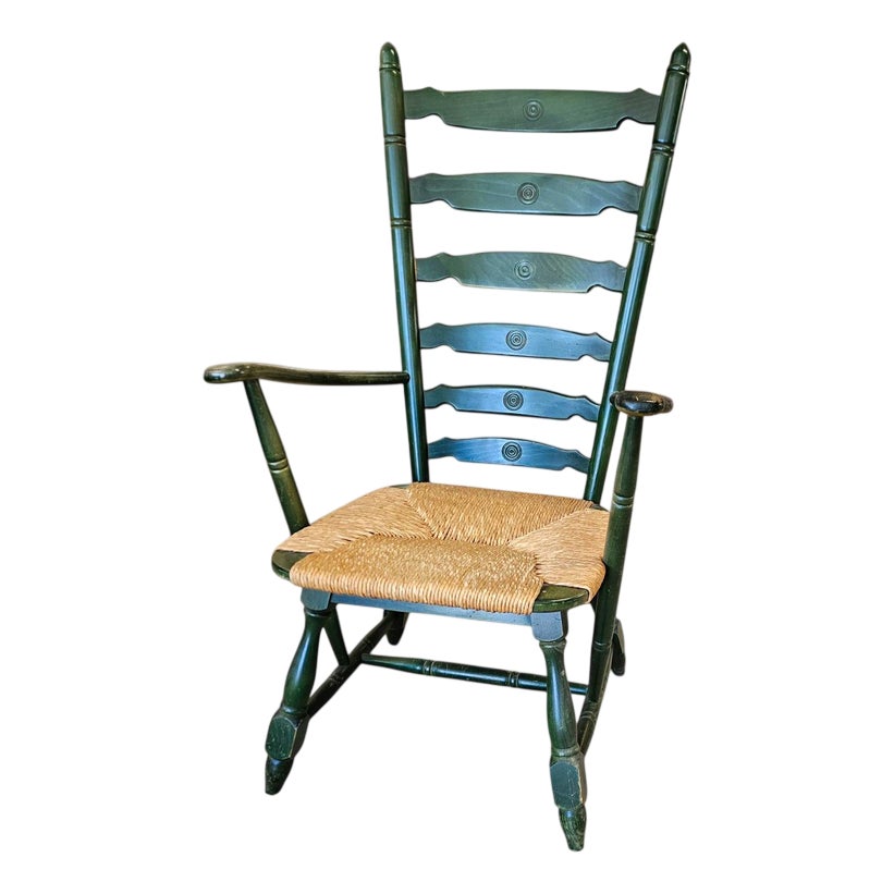 Vintage High Back Ladder Chair in Green Wood with Rush Seat | Chairish
